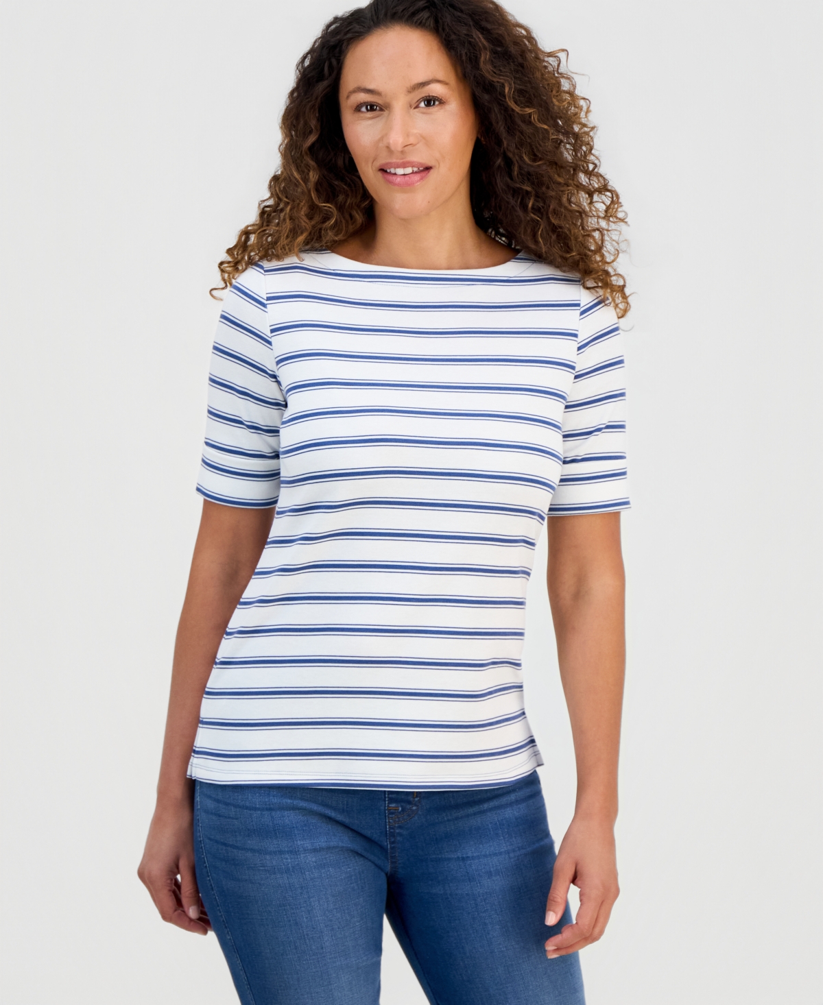 Click here for Style & Co Petite Striped Boat-Neck Elbow-Sleeve T... prices