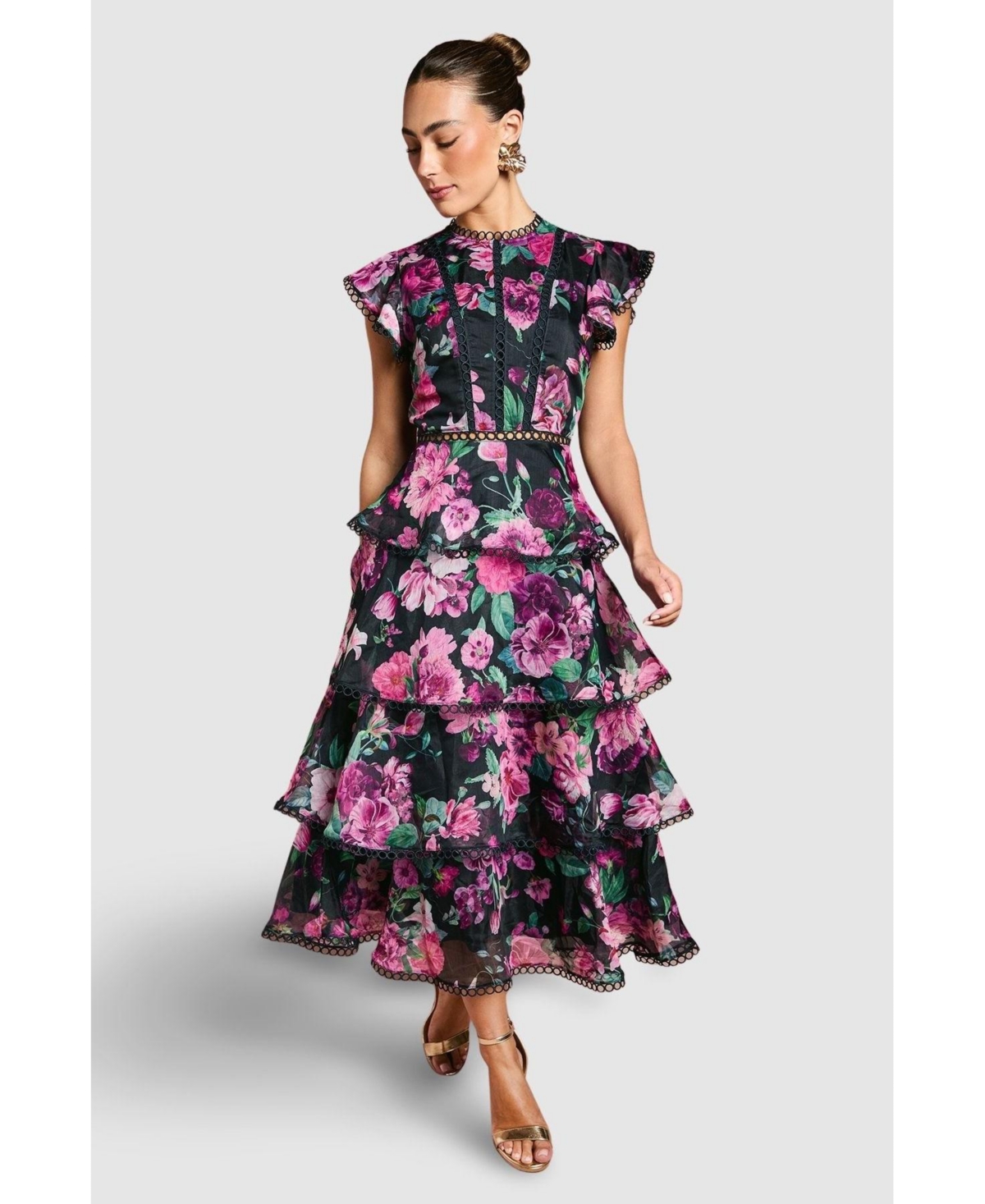 Click here for Coast Lace Trim Tiered Organza Midi Dress - Navy prices