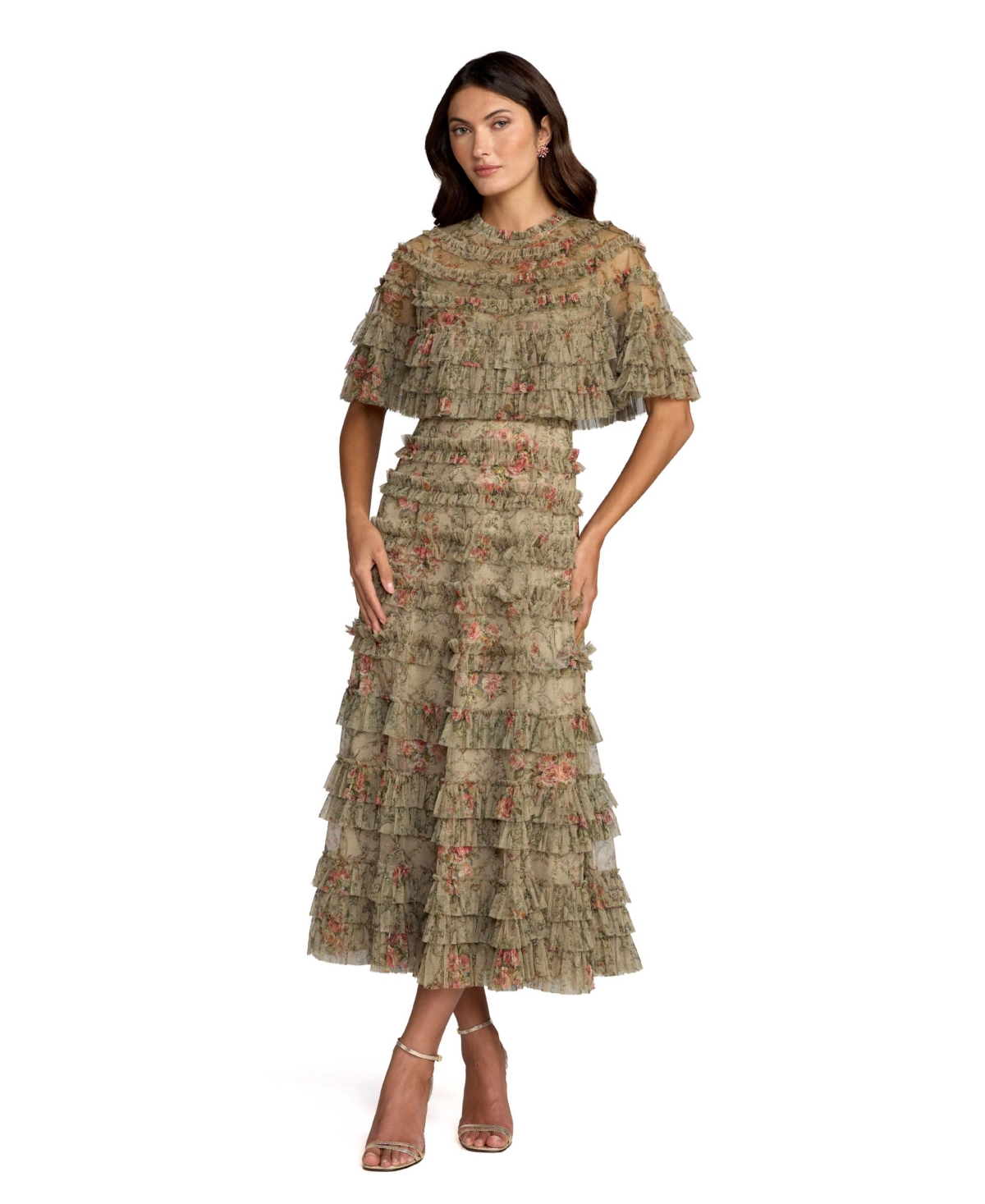 Mac Duggal Womens Floral Ruffle Cape Midi Dress - Olive