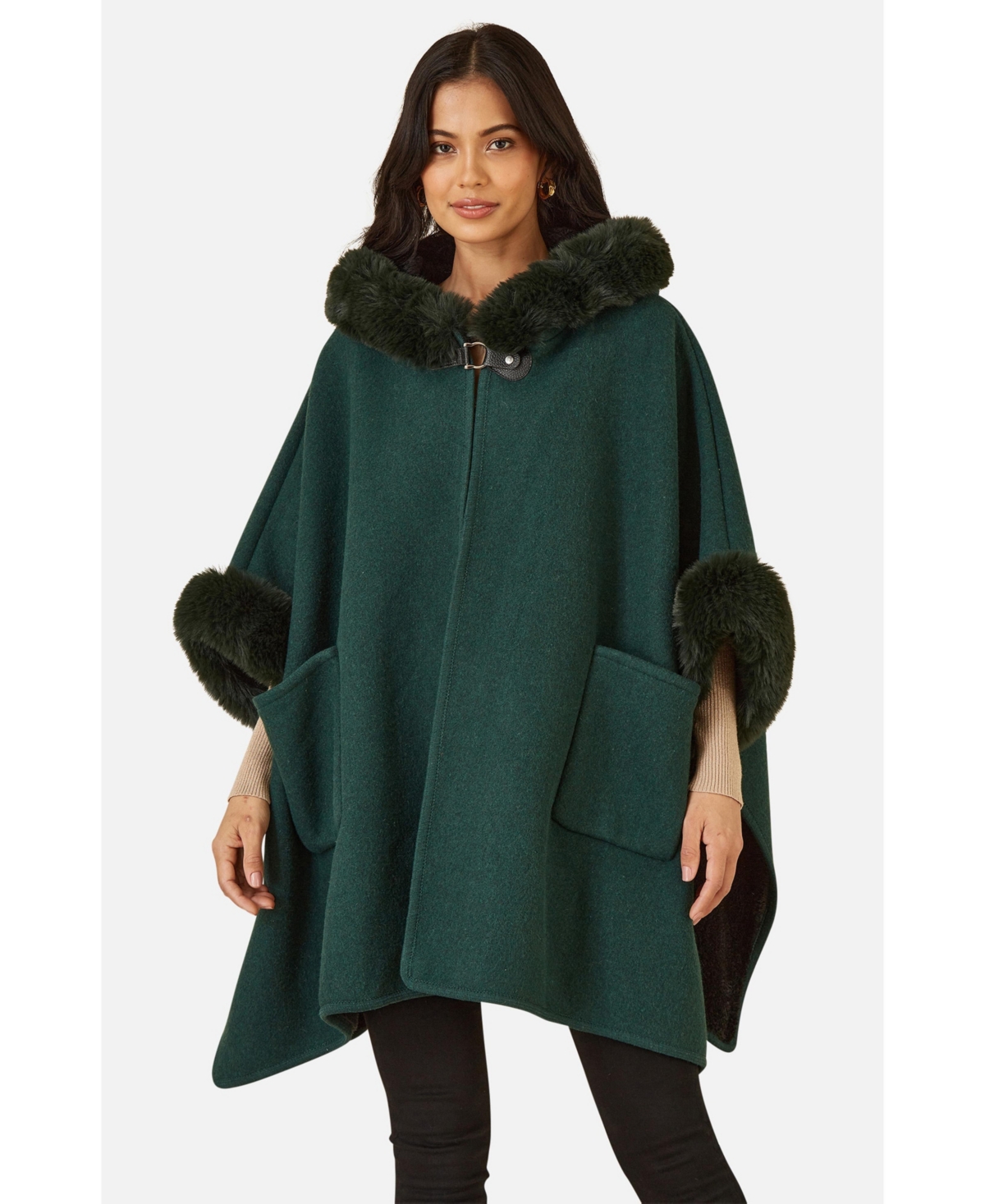 Click here for Yumi Womens Hooded Fur Cape Jacket - Green prices