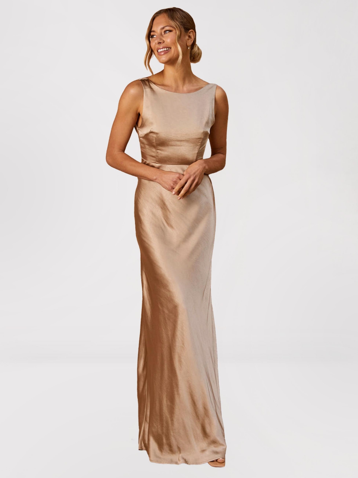 Click here for Six Stories Cowl Back Satin Bridesmaid Dress - Cha... prices