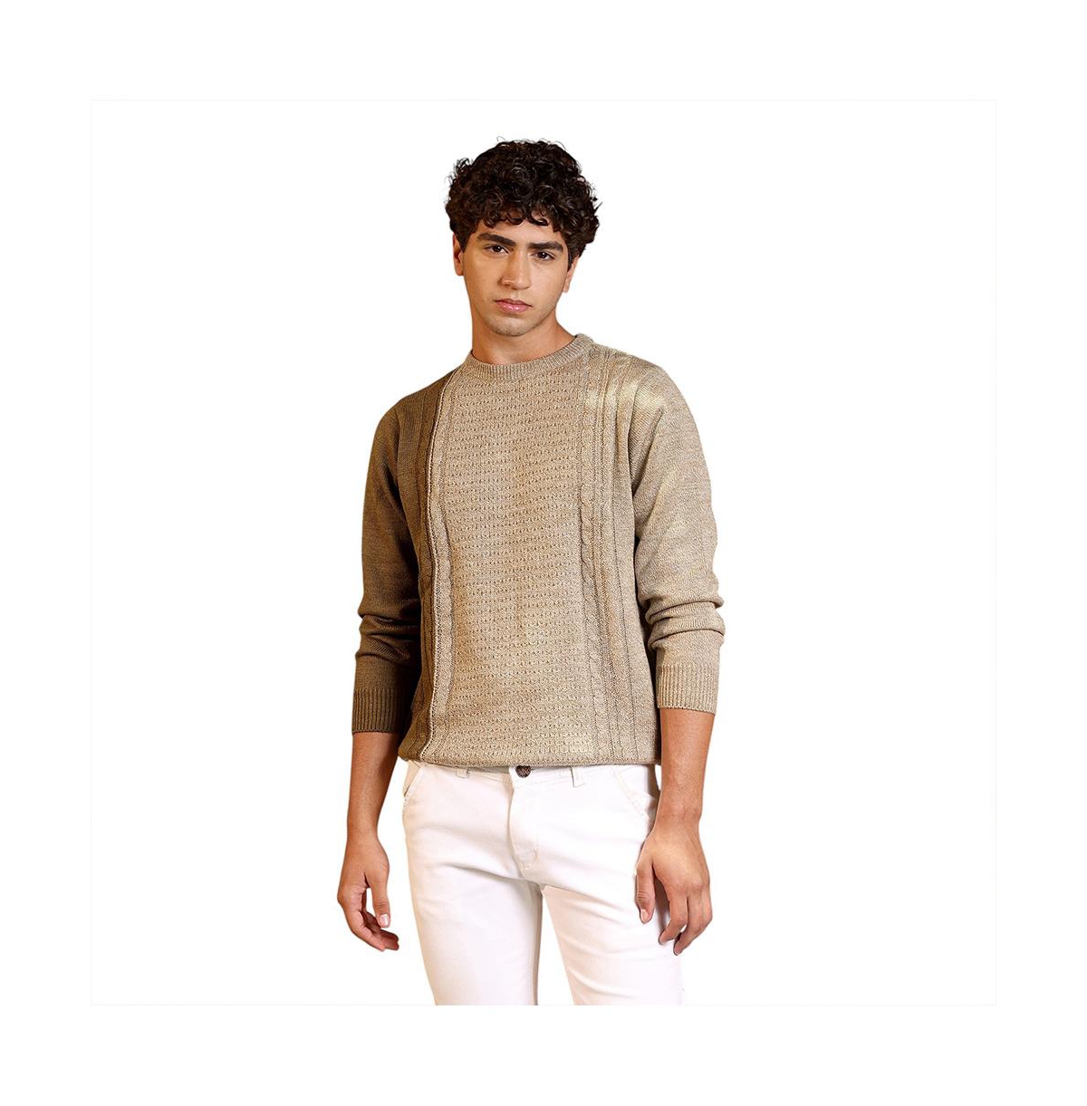 Click here for Campus Sutra Mens Sand Beige Textured-Jacquard Kni... prices