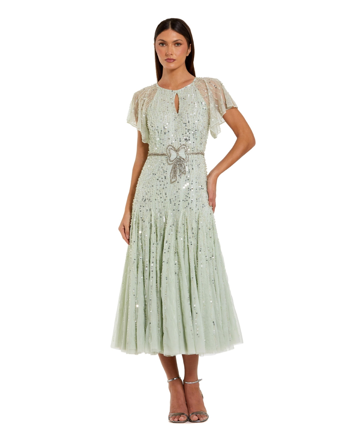 Mac Duggal Womens Enbellished Bow Flutter Sleeve A Line Midi Dress - Seafoam