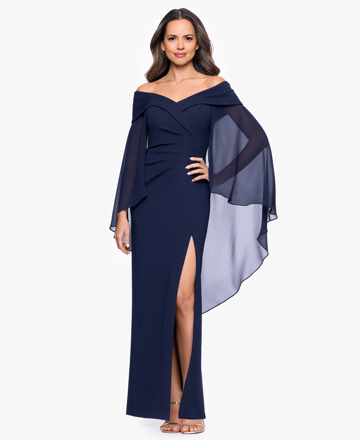 Click here for Xscape Petite Off-The-Shoulder Cape Dress - Navy prices