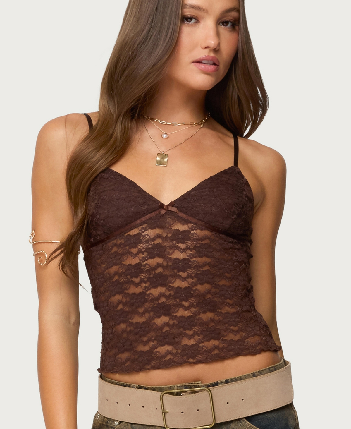 Click here for Edikted Womens Eira Sheer Lace Tank Top - Brown prices