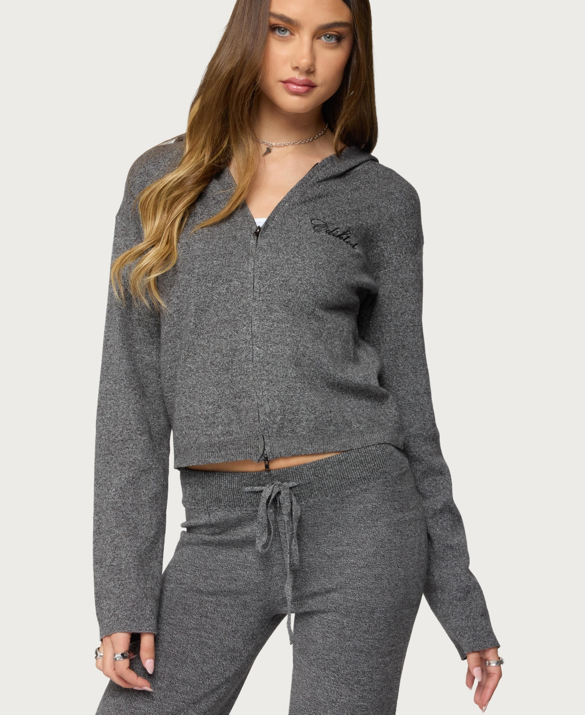 Click here for Edikted Womens Ayah Knit Zip Up Hoodie - Dark-gray... prices