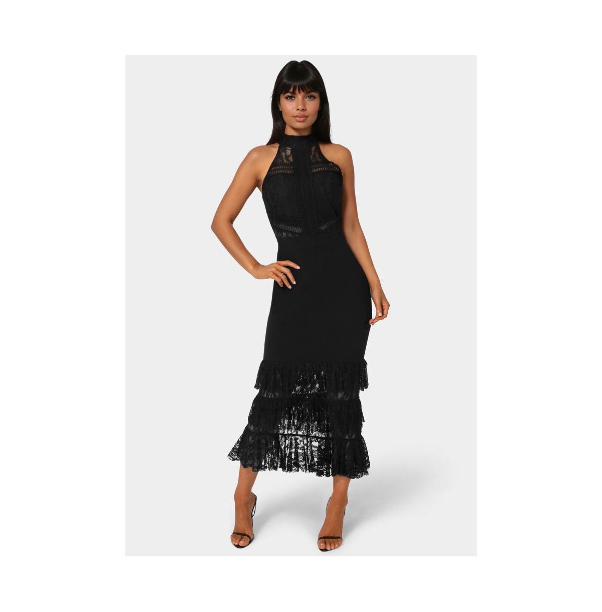 Click here for Bebe Womens Halter Tiered Lace Midi Dress - Black prices