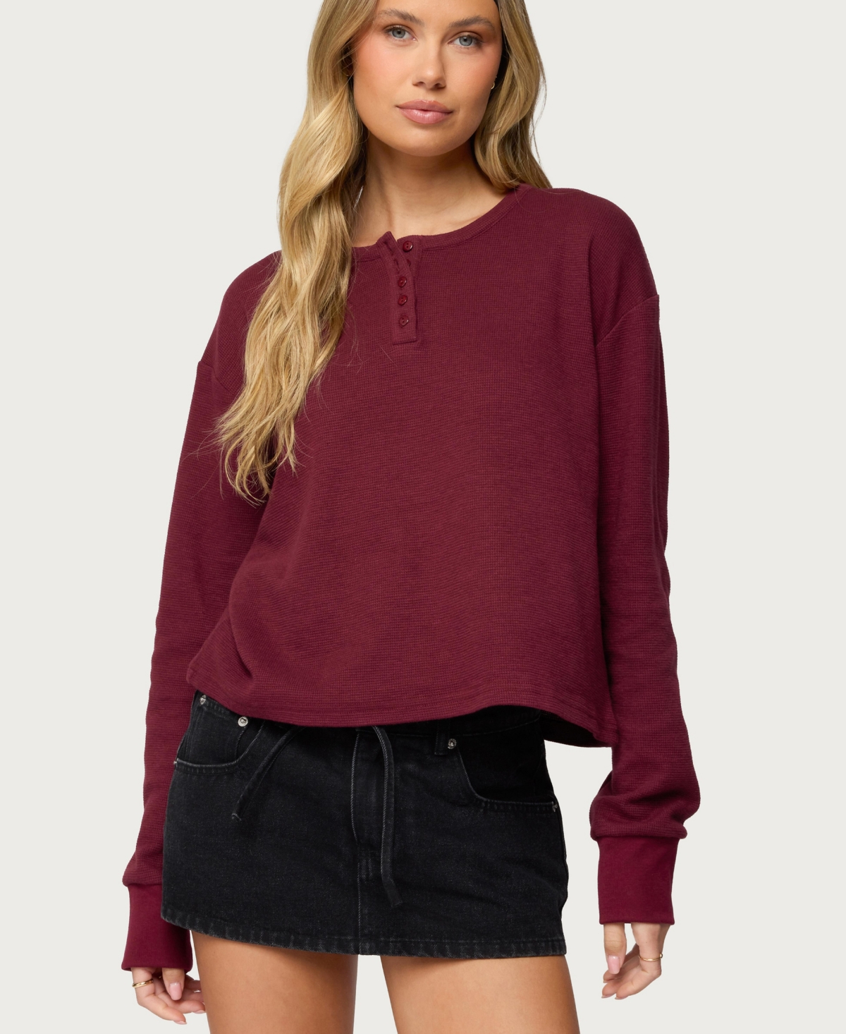 Click here for Edikted Womens Deni Long Sleeve Henley Waffle Top... prices