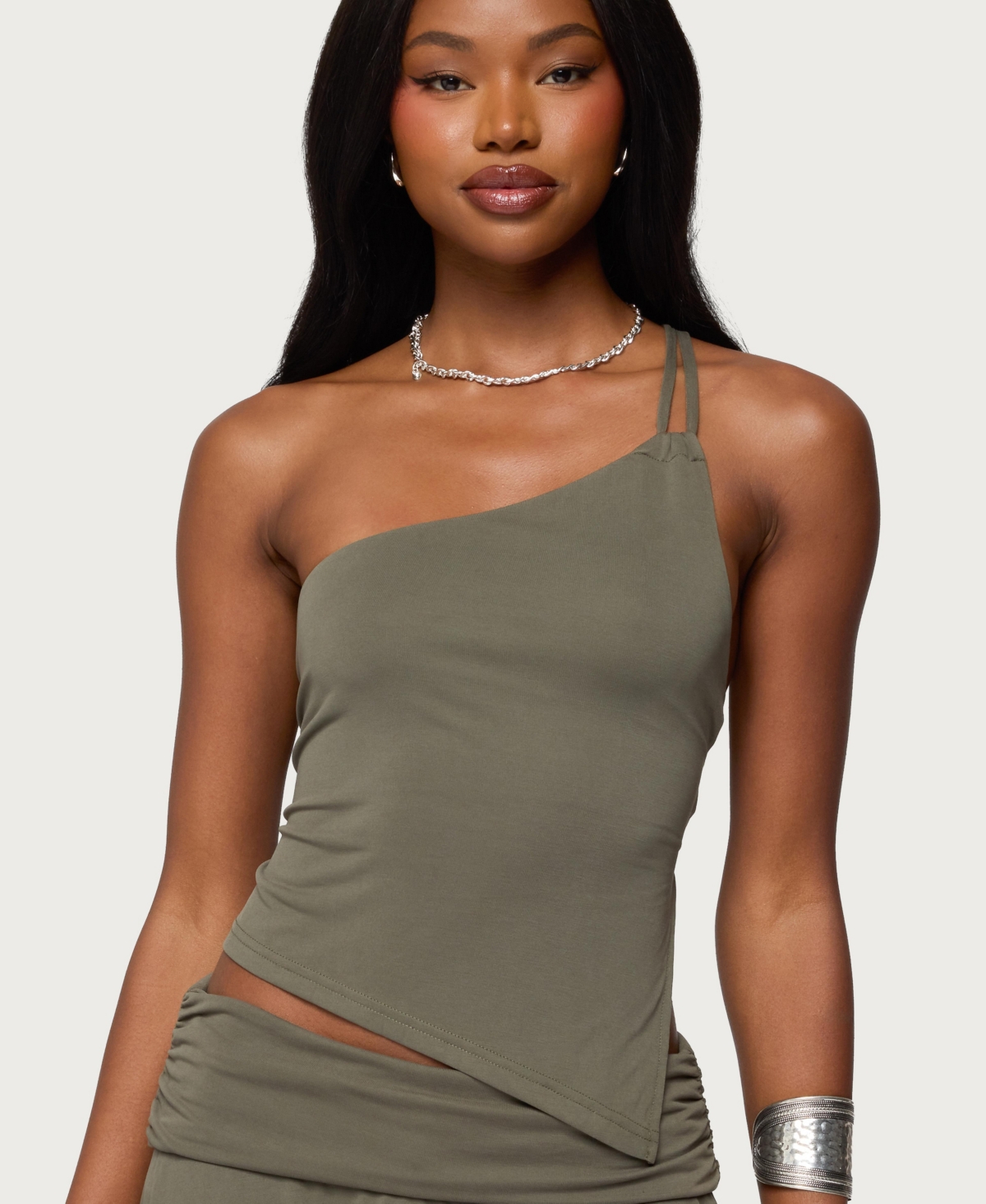 Edikted Womens Janah Asymmetric One Shoulder Backless Top - Olive