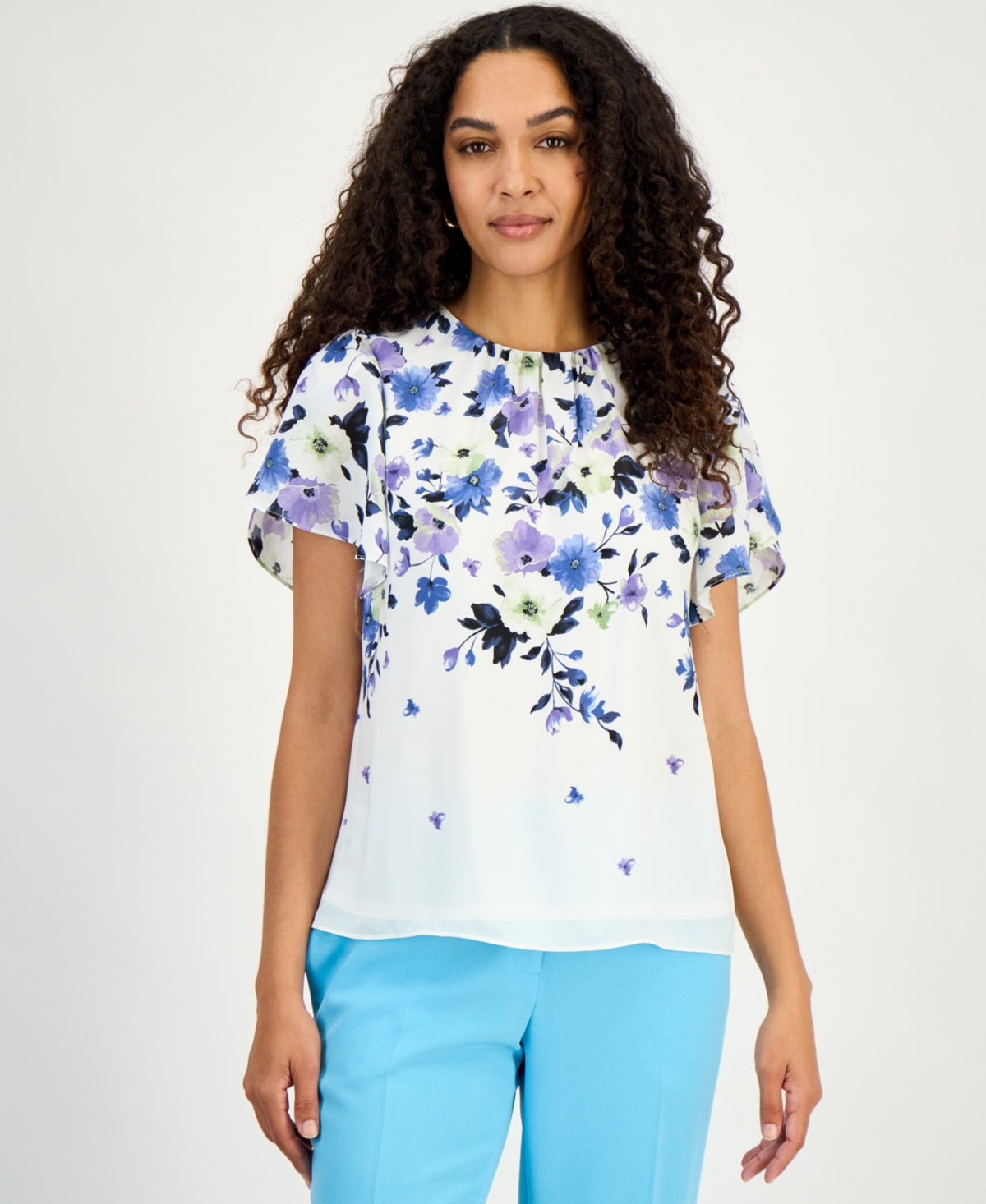 Click here for Flutter Sleeve Ss Jewel Neck Blouse - Lily White M... prices
