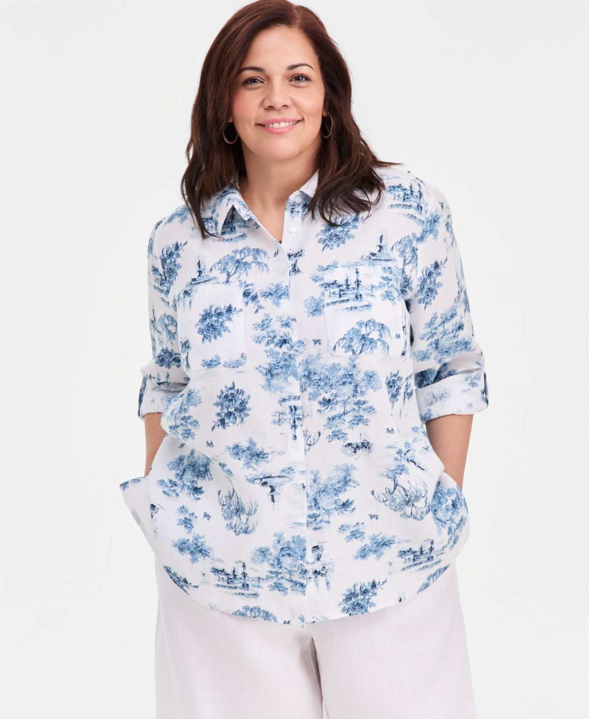 Click here for Charter Club Plus Size 100 Linen Printed Roll-Tab... prices