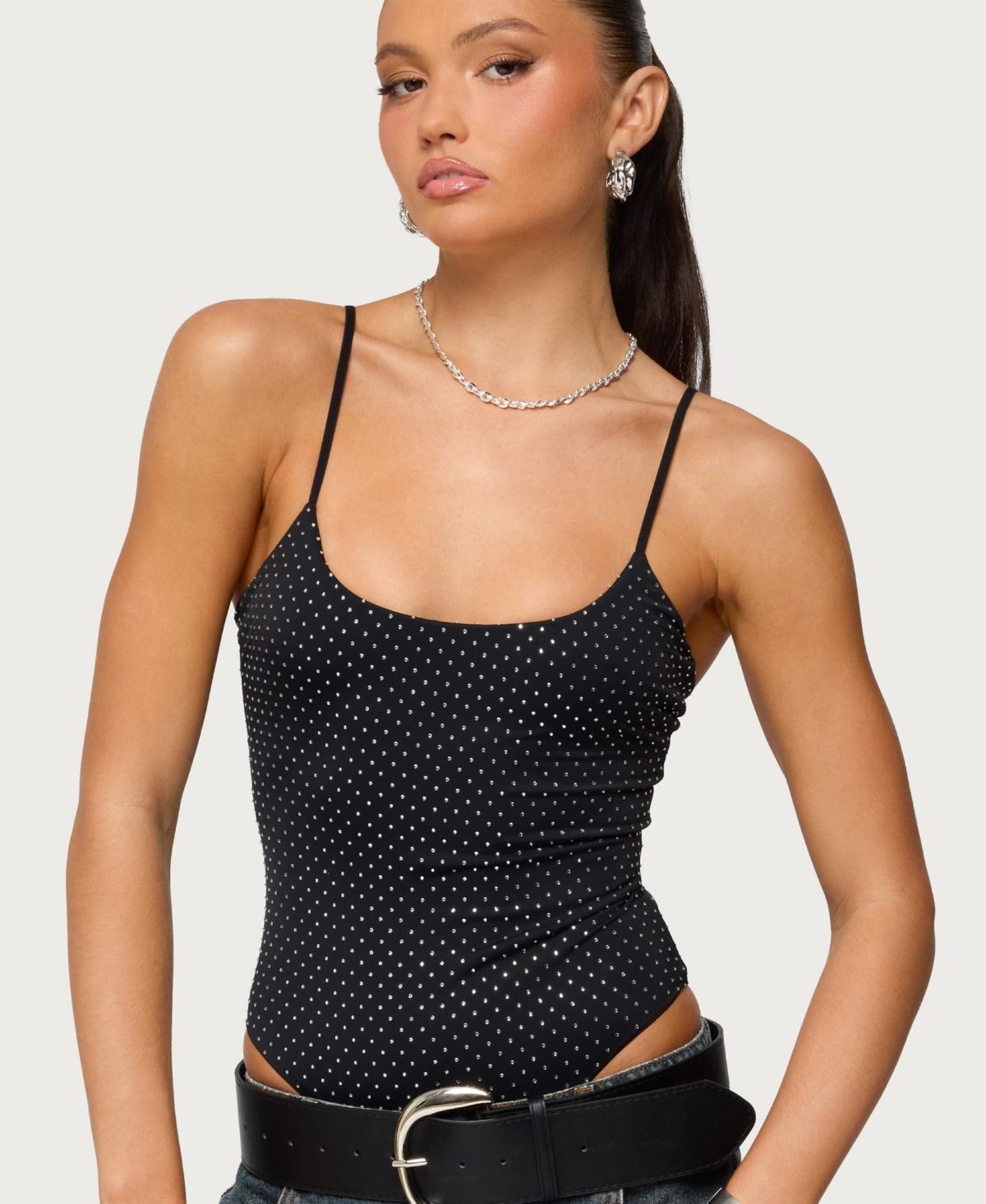 Click here for Edikted Womens Georgey Rhinestone Bodysuit - Black prices