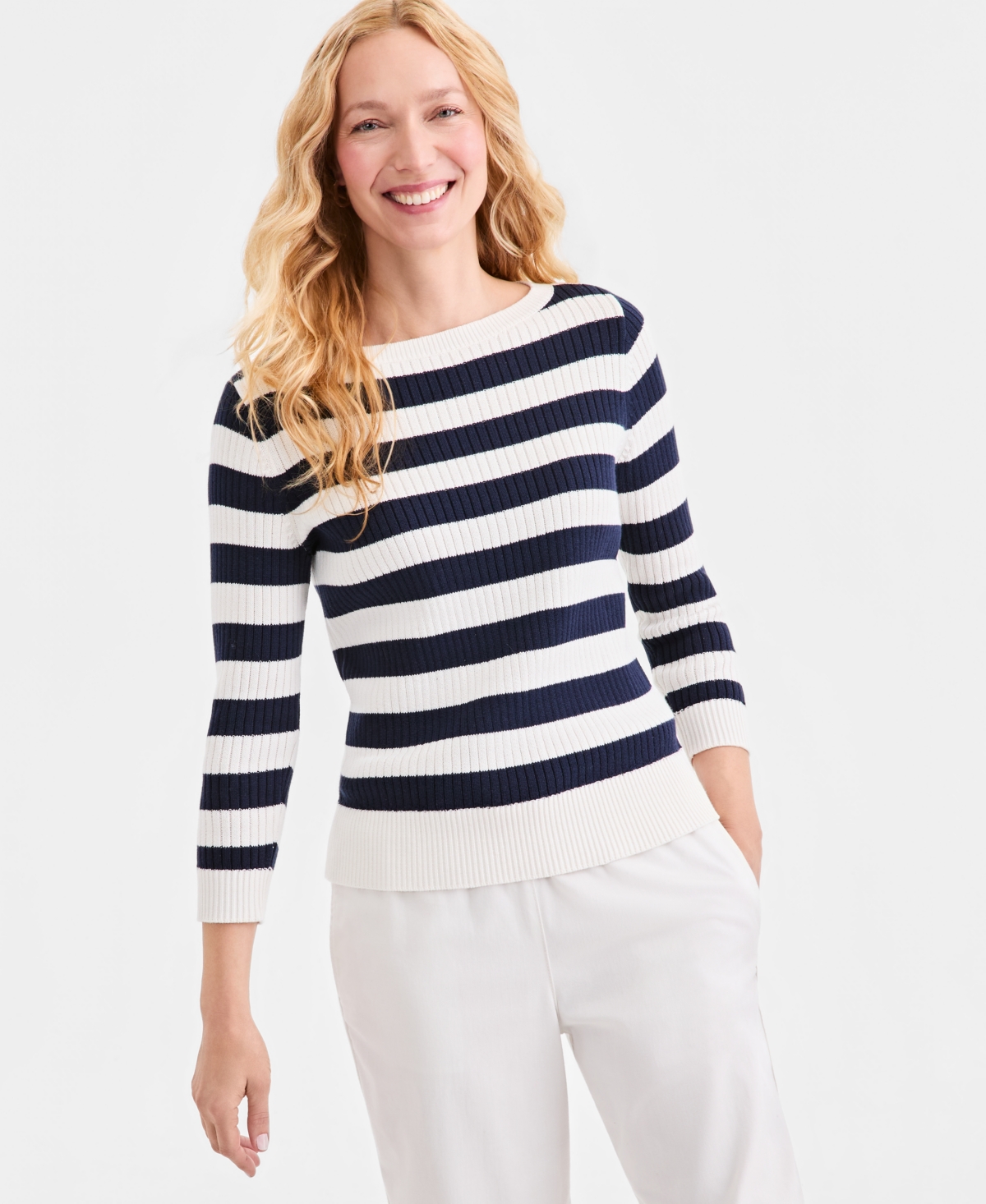 Click here for Style & Co Womens Ribbed Cotton Striped Boatneck S... prices