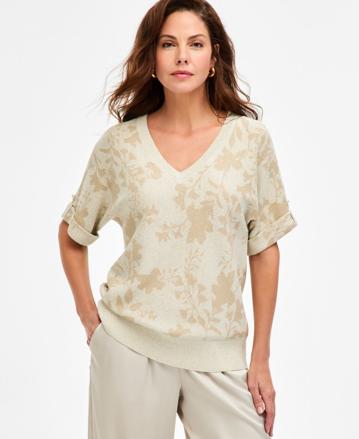 Click here for Jm Collection Womens Printed Metallic Roll-Cuff Sw... prices