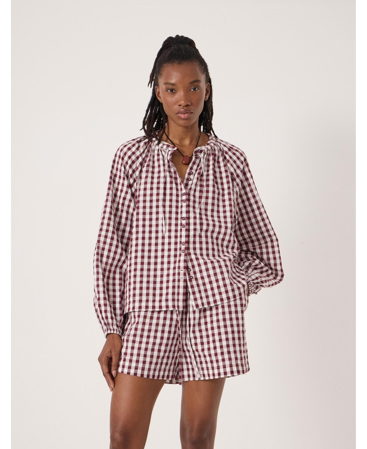 Click here for Hush Womens Elsa Gathered Gingham Beach Shirt - Ma... prices