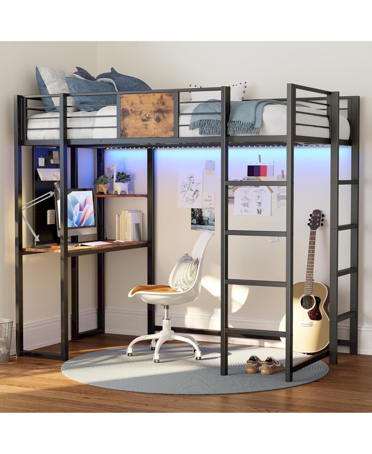 Click here for Likimio Twin Metal Loft Bed with Desk  Shelves and... prices