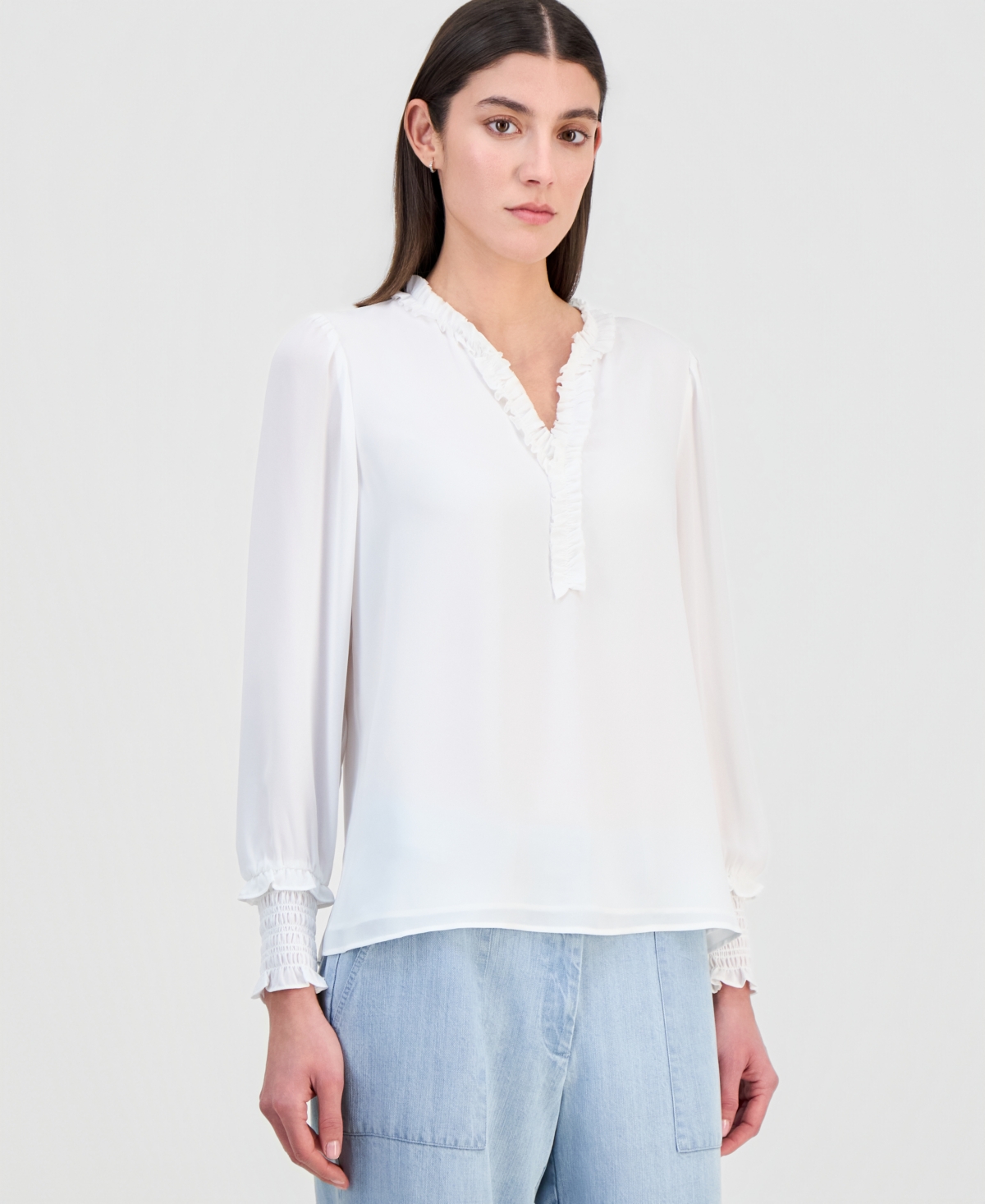 Click here for T Tahari Womens Chiffon Split-Neck Ruffled Blouse... prices