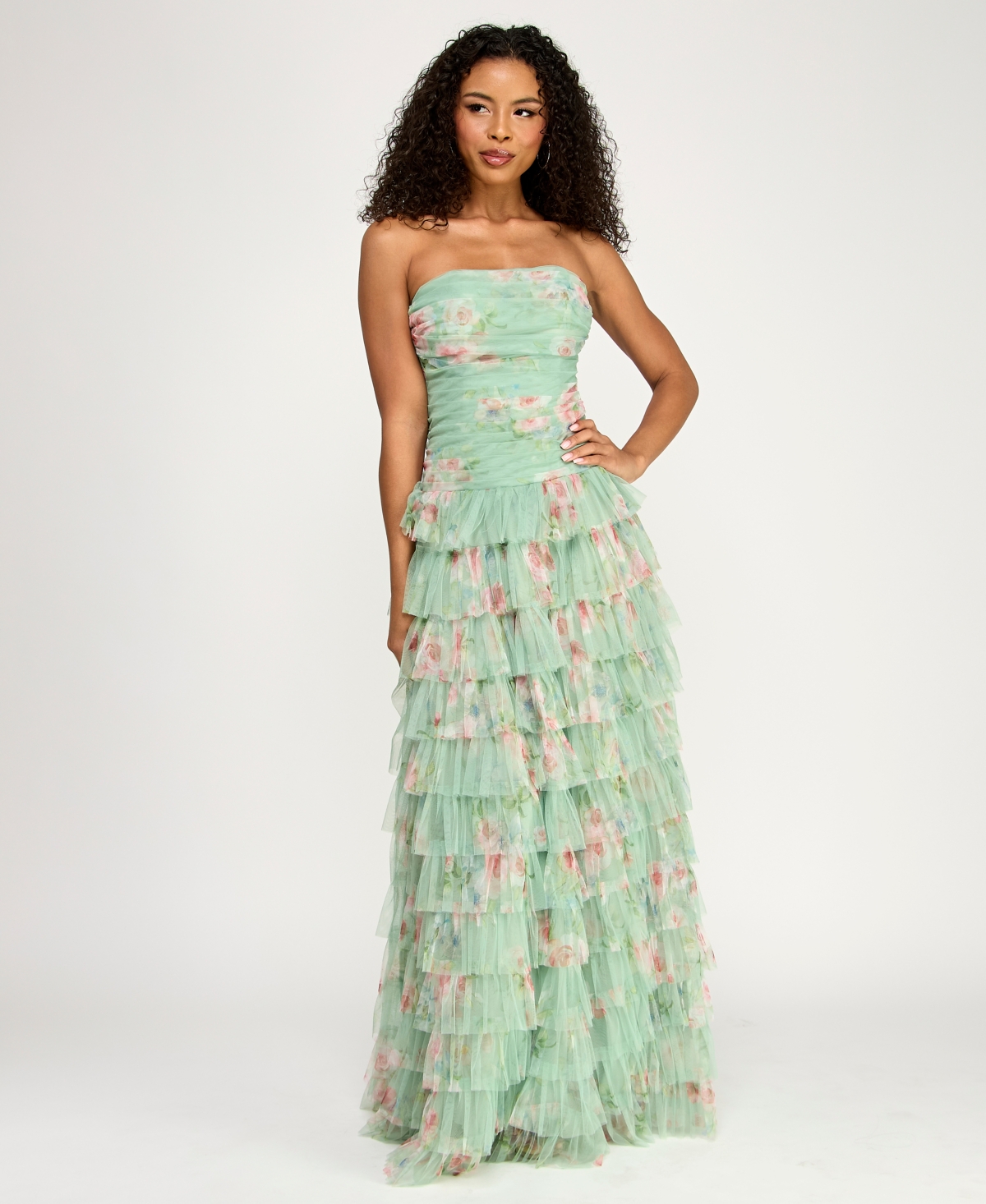 Click here for B Darlin Womens Strapless Pleated Gown - Sage mult... prices