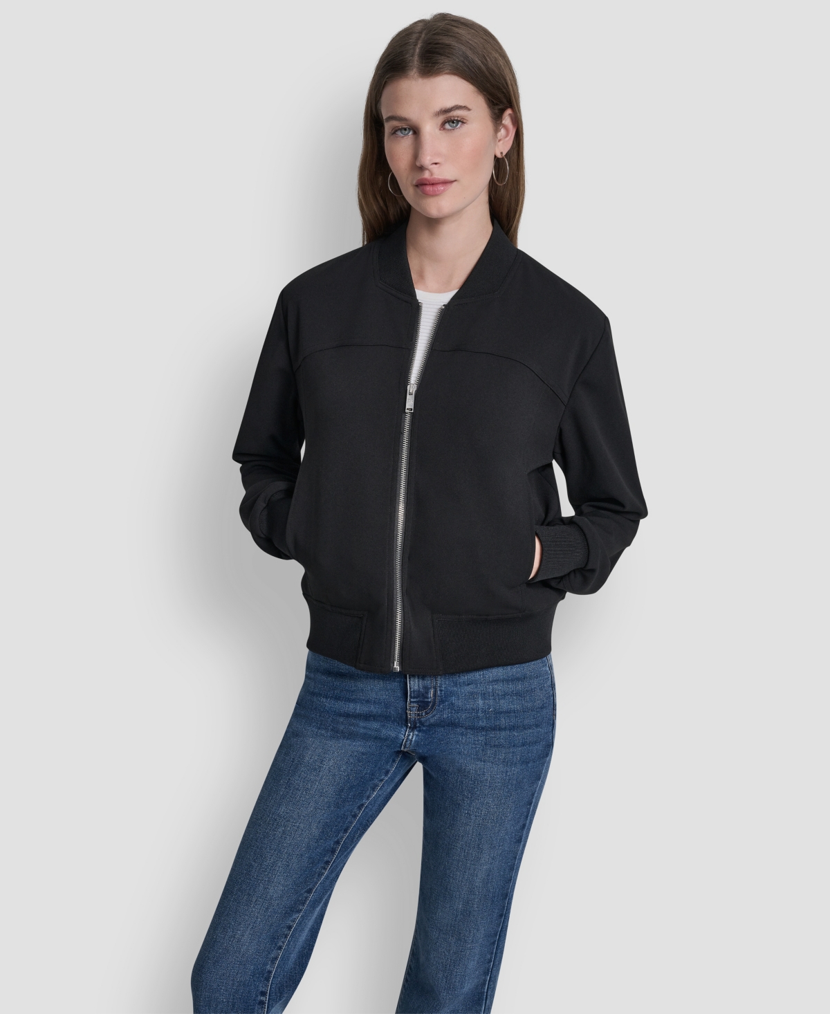 Click here for Dkny Womens Zippered Bomber Jacket - Black prices