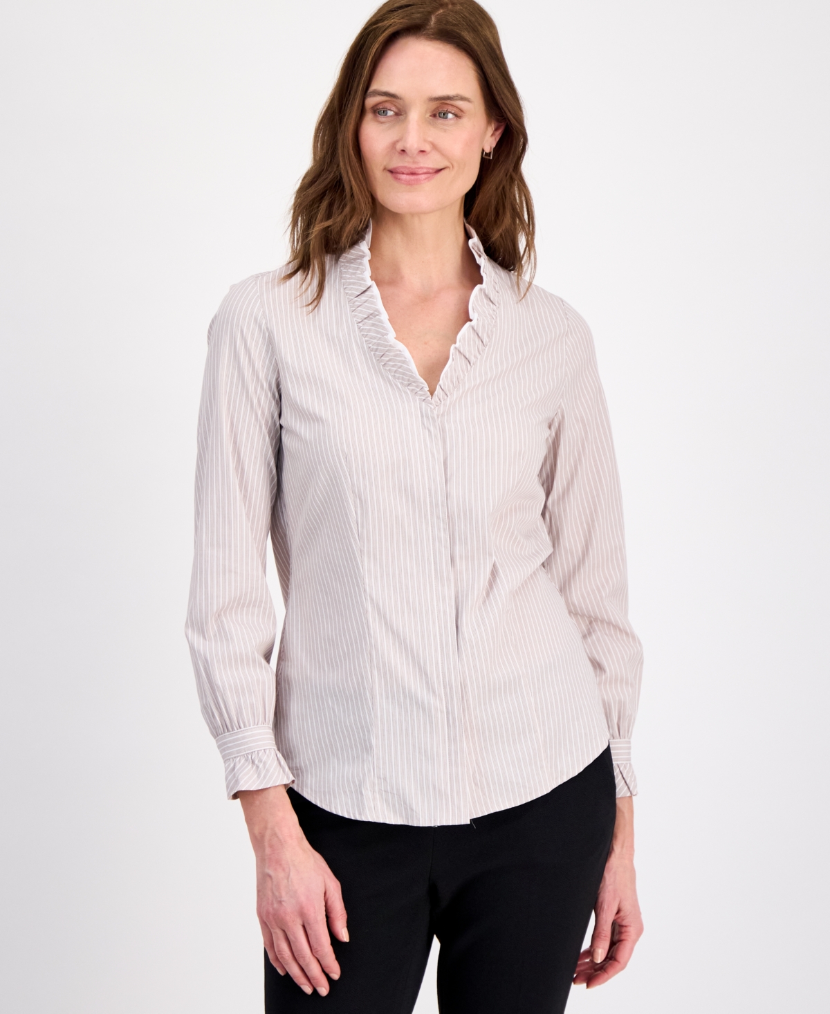 Click here for Anne Klein Womens Ruffled-Neck Long-Sleeve Blouse... prices