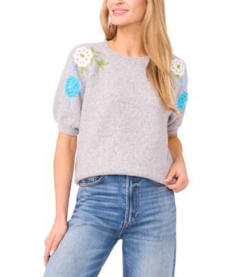 CeCe Women's Flower Embroidery Crew Neck Short Sleeve Sweater - Macy's
