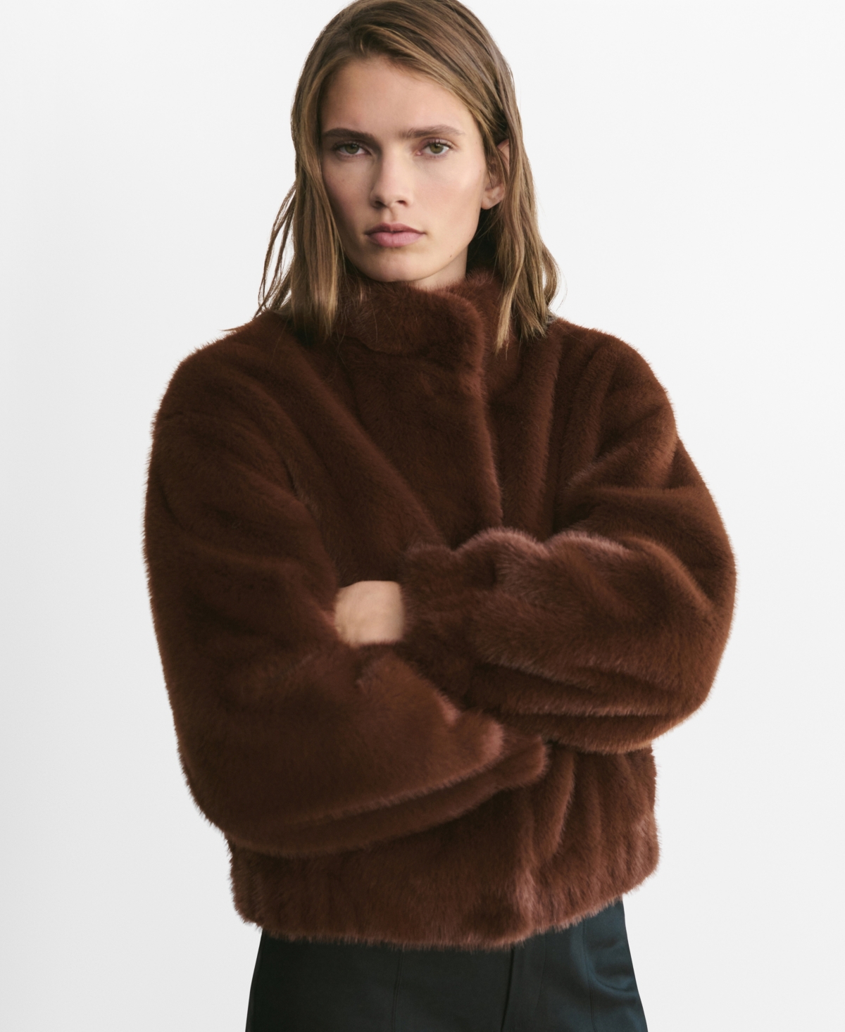 Click here for Mango Womens Pockets Faux-Fur Jacket - Brown prices