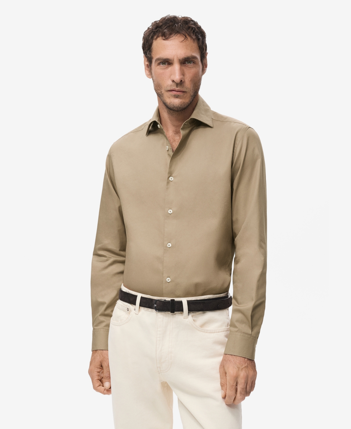 Click here for Mango Mens Slim-Fit Lyocell Cotton Shirt - Brown prices