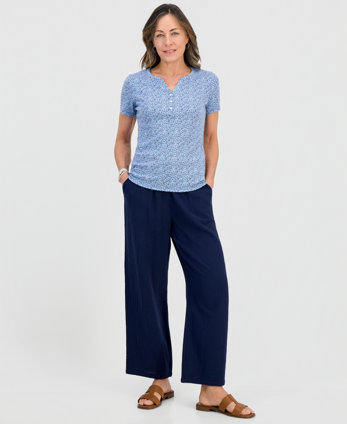 Click here for Style & Co Petite Cotton Gauze Wide-Leg Pull-On Pa... prices