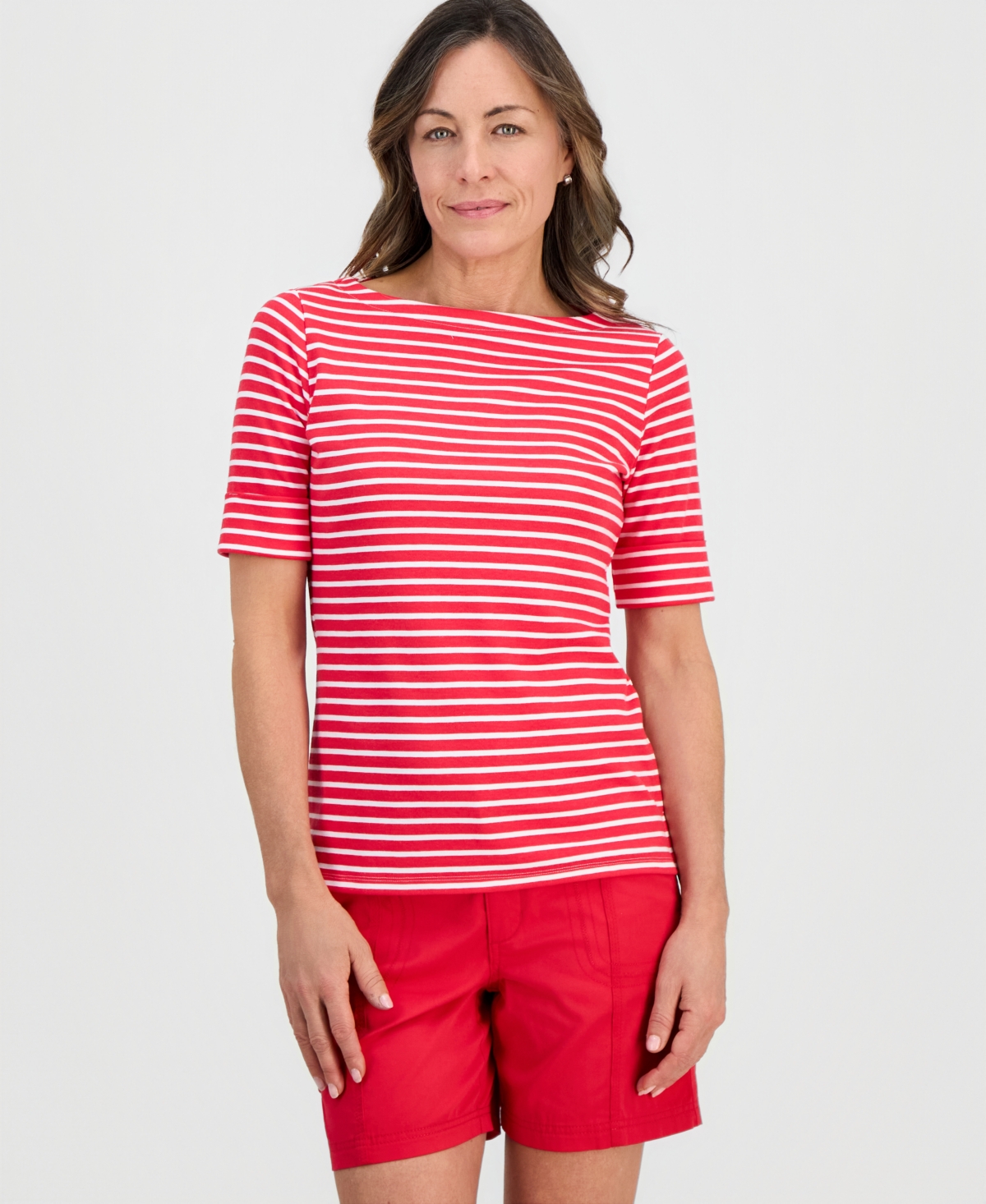 Click here for Style & Co Petite Striped Boat-Neck Elbow-Sleeve T... prices