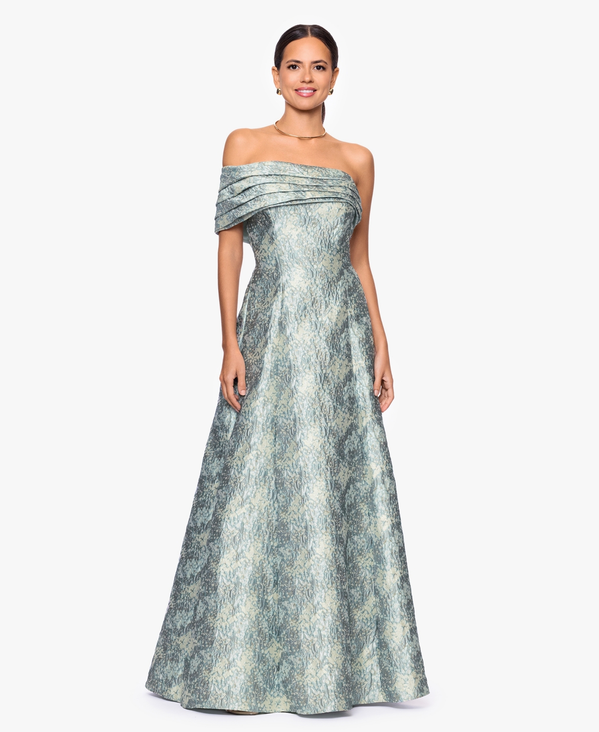 Click here for Betsy & Adam Womens One-Shoulder Gown - Sage/Ivory prices
