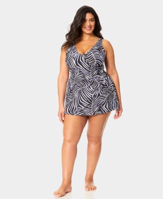 Anne Cole Plus Size V-Neck Surplice Wrap Printed Swim Dress - Macy's