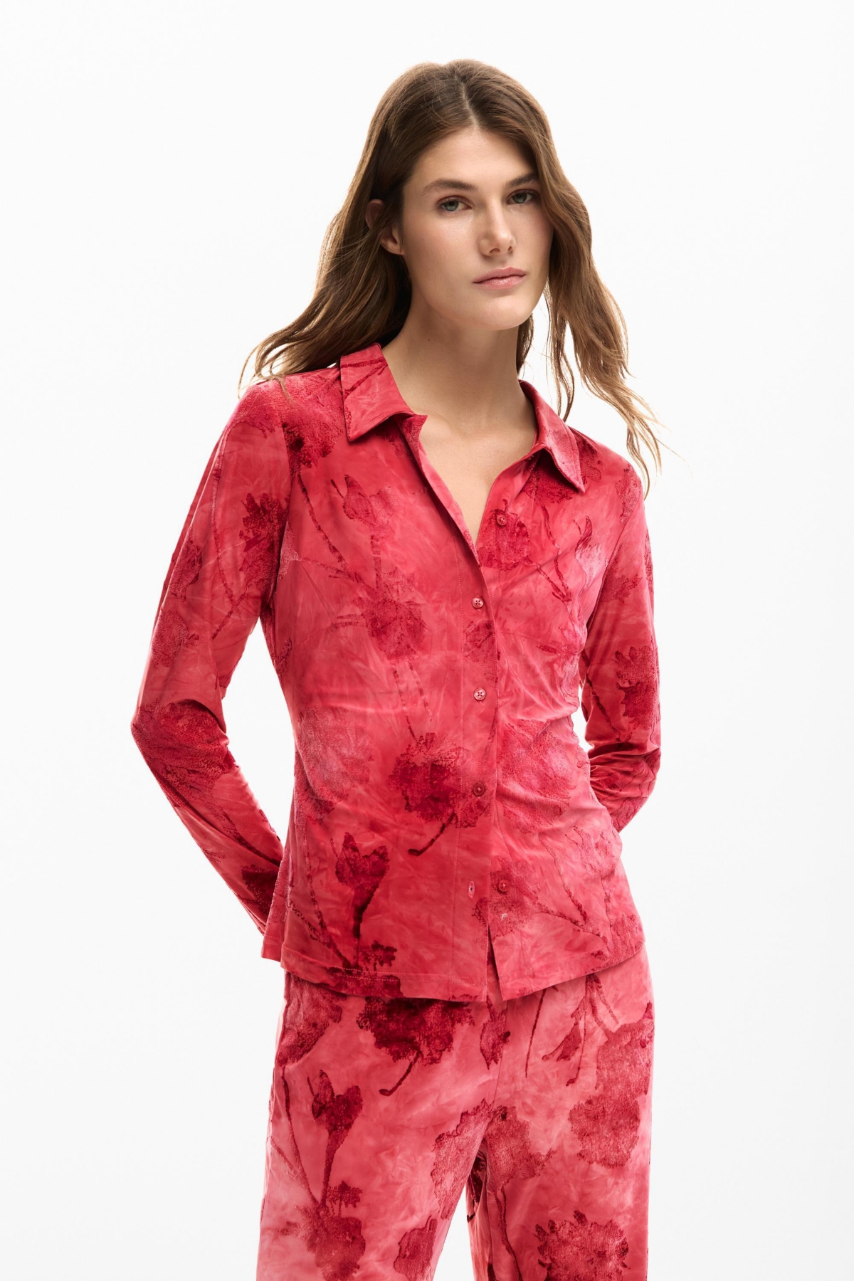 Click here for Desigual Womens Buttoned flocked T-shirt - Red prices