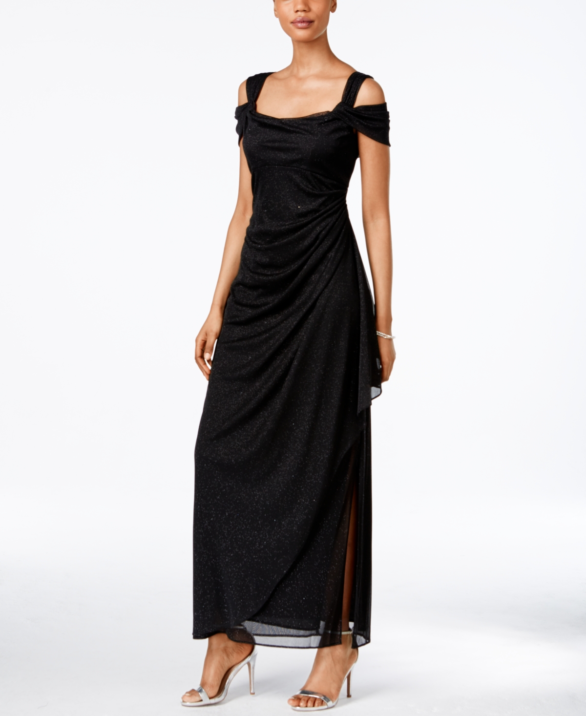 Click here for Alex Evenings Petite Cold-Shoulder Draped Metallic... prices