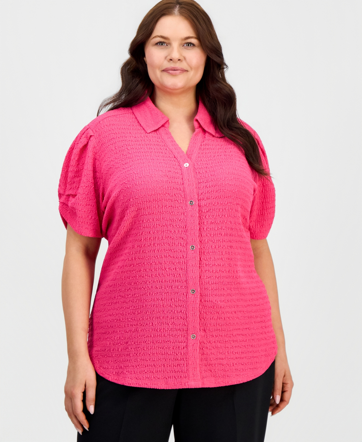 Click here for Kasper Plus Size Button-Front Pleated-Sleeve Top -... prices