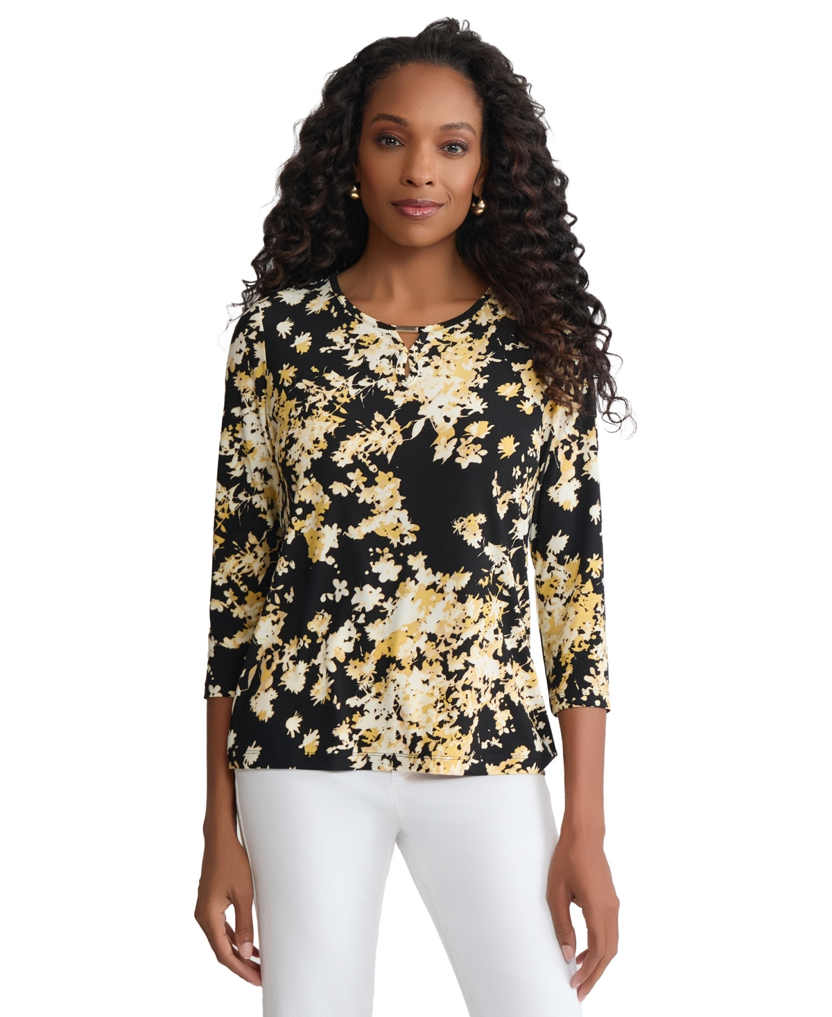 Click here for Jones New York Womens Keyhole Neck Top - Black/cop... prices