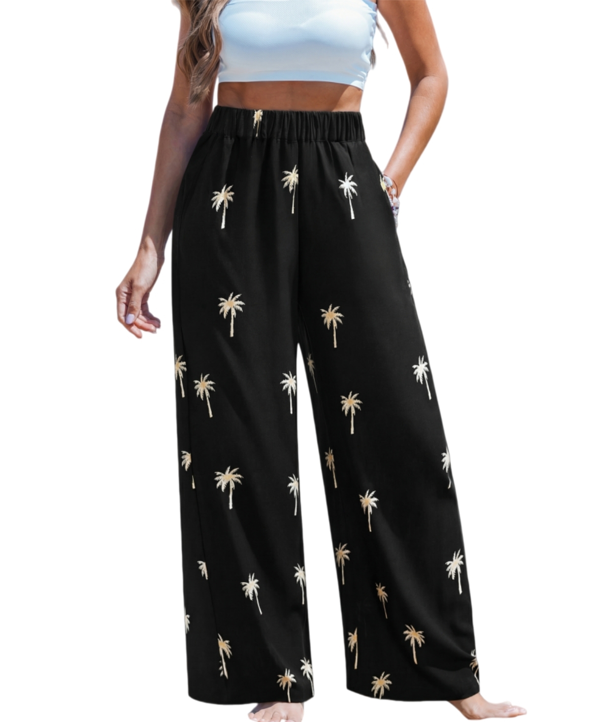 Click here for Cupshe Womens Late Night Call Tropical Pants - Bla... prices