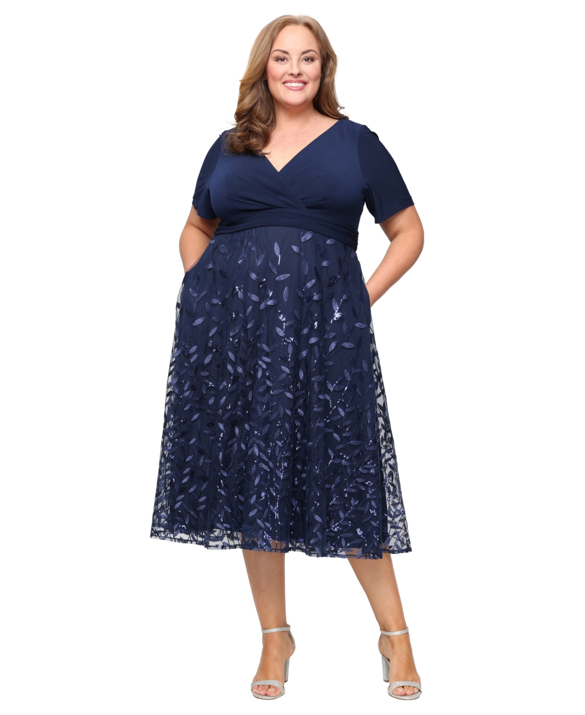 Click here for Alex Evenings Plus Size Embroidered V-Neck A-Line... prices