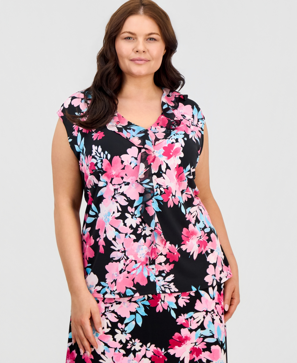 Click here for Kasper Plus Size Printed Ruffled Sleeveless Top -... prices