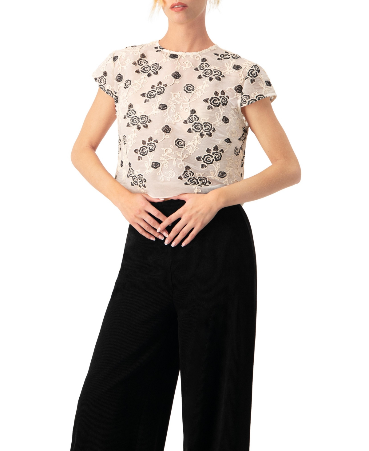 Click here for Ivonne Womens Floral Embroidered See-Though Crop T... prices