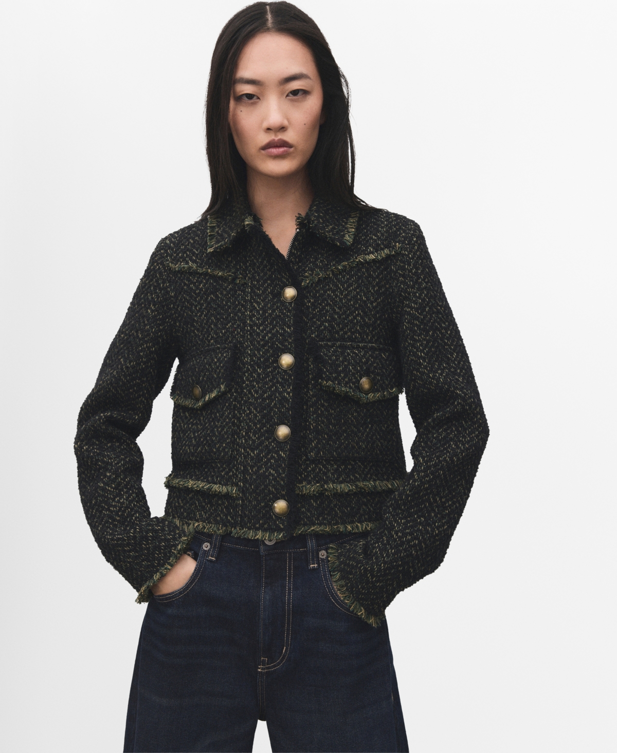 Click here for Mango Womens Lapel Collar Tweed Jacket - Green prices