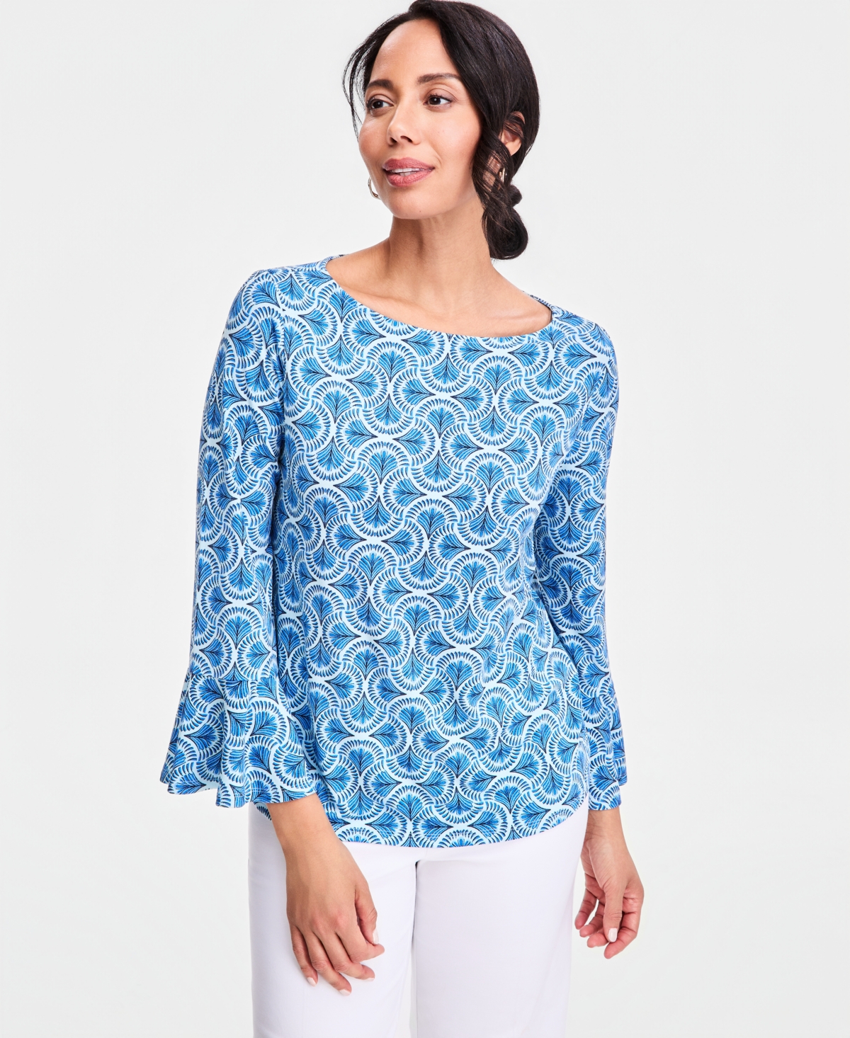 Click here for Jm Collection Womens Printed Boat-Neck Bell-Sleeve... prices