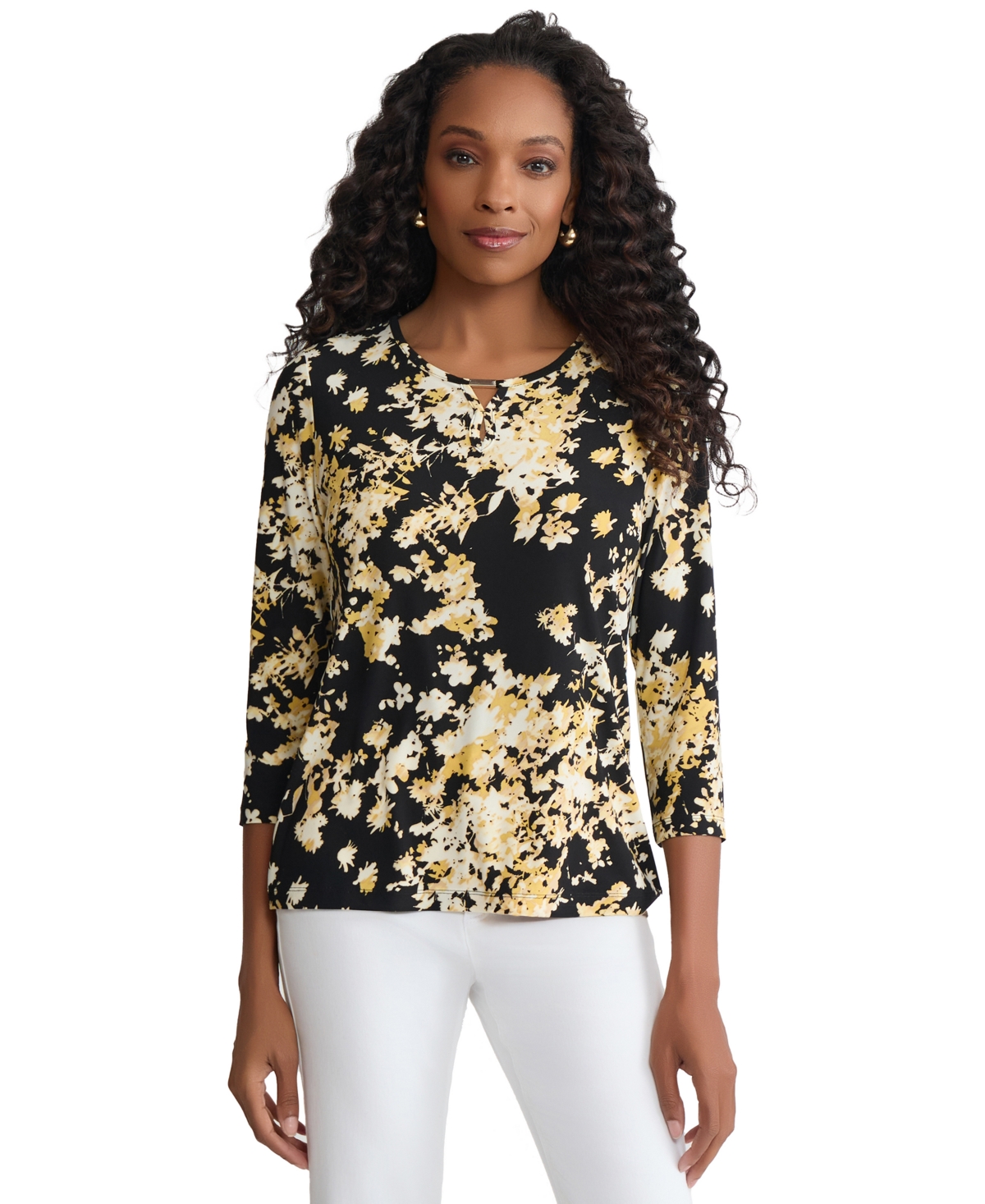 Click here for Jones New York Petite Keyhole Printed Top - Cornsi... prices