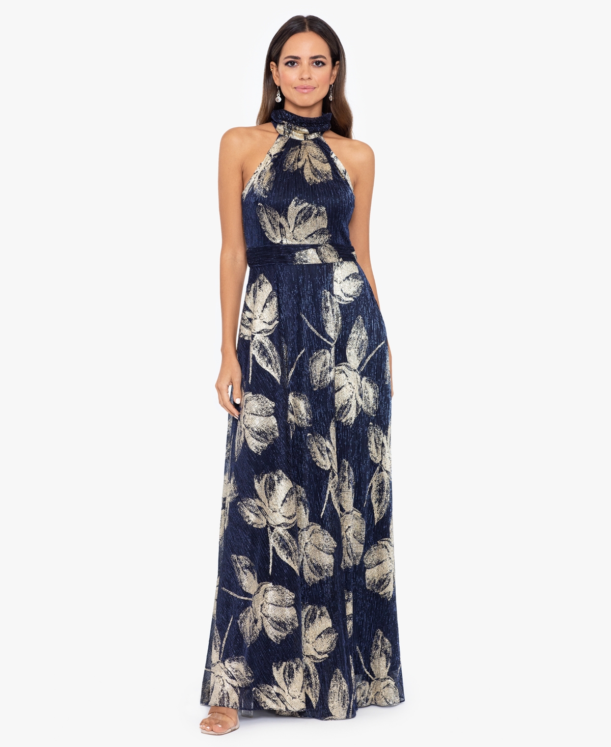 Click here for Betsy & Adam Petite Halter Neck A-Line Gown - Navy... prices