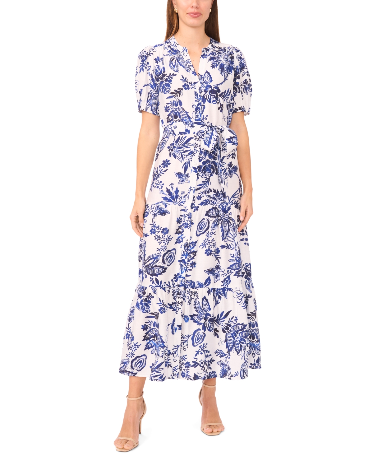 Click here for Msk Womens Short-Sleeve Button-Front Tiered Maxi D... prices