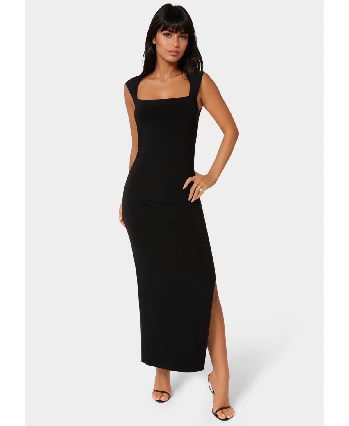 Click here for Bebe Womens Square Neck High Slit Midi Dress - Bla... prices