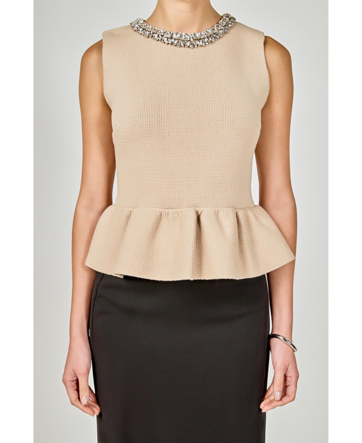 Click here for endless rose Womens Jewel Trim Neck Peplum Knit To... prices