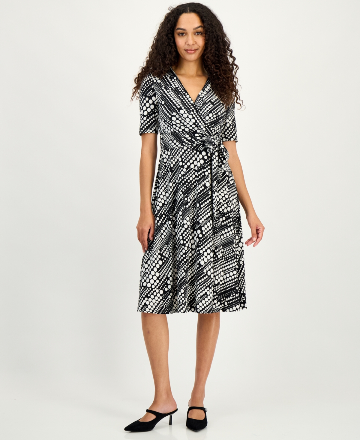 Click here for Kasper Womens Printed Faux-Wrap Midi Dress - Black... prices