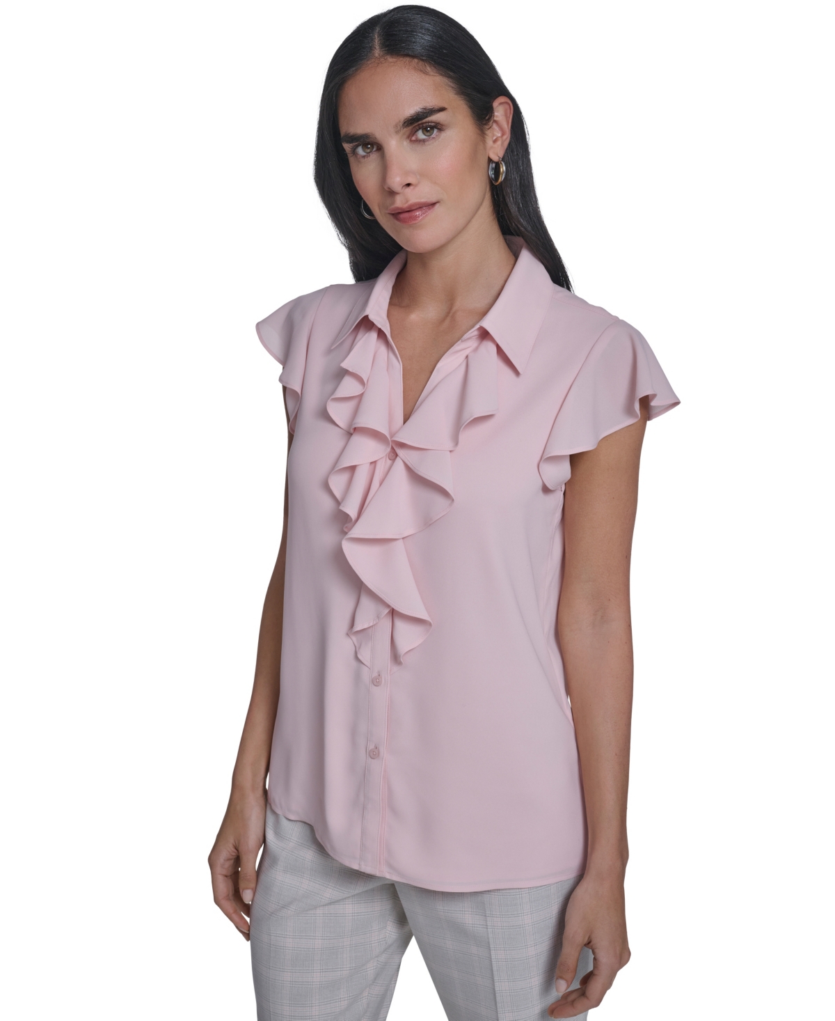 Click here for Calvin Klein Womens Solid Cap-Sleeve Ruffle Front... prices