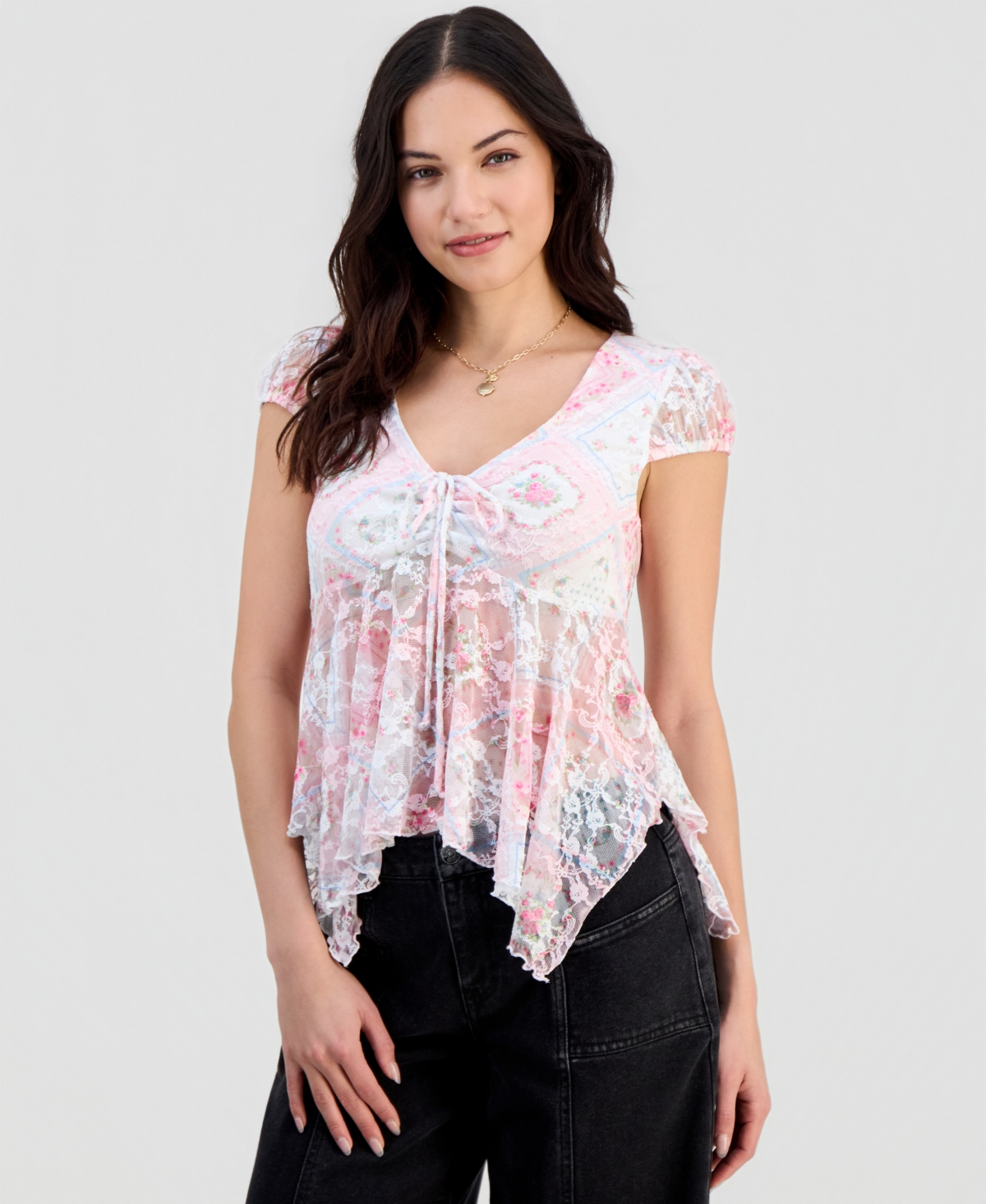 Click here for Madden Girl Juniors Lace Hanky-Hem Top - Ballet Sl... prices