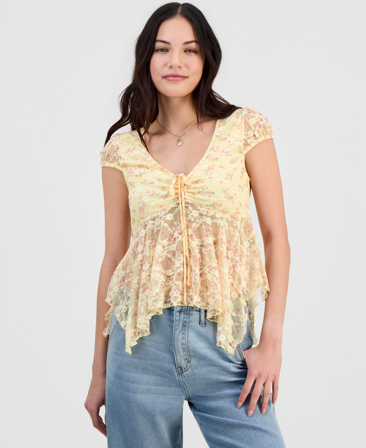 Click here for Madden Girl Juniors Lace Hanky-Hem Top - Double Cr... prices